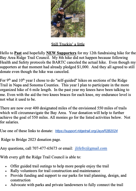 Jay Bailinson's fundraising page for Bay Area Ridge Trail Council